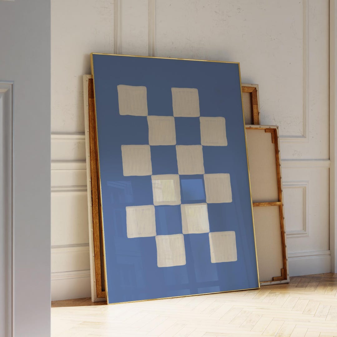 Baby Blue Creamy Handdrawn Checkered Wall Art, Handpainted Checker Art ...