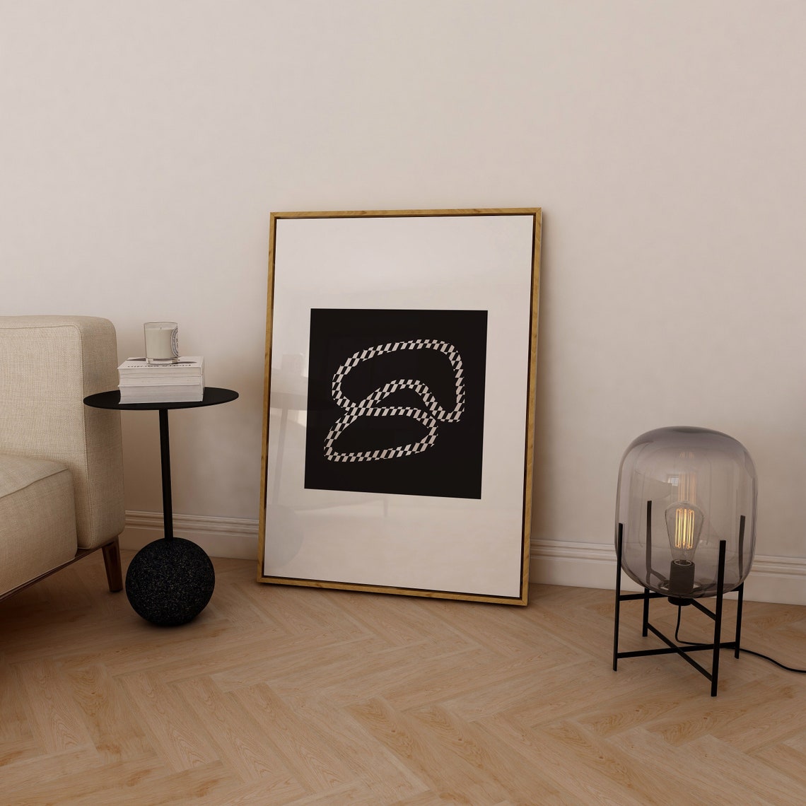 Neutral Checkered Line Art Print, Checked Pattern Black and Beige Wall ...