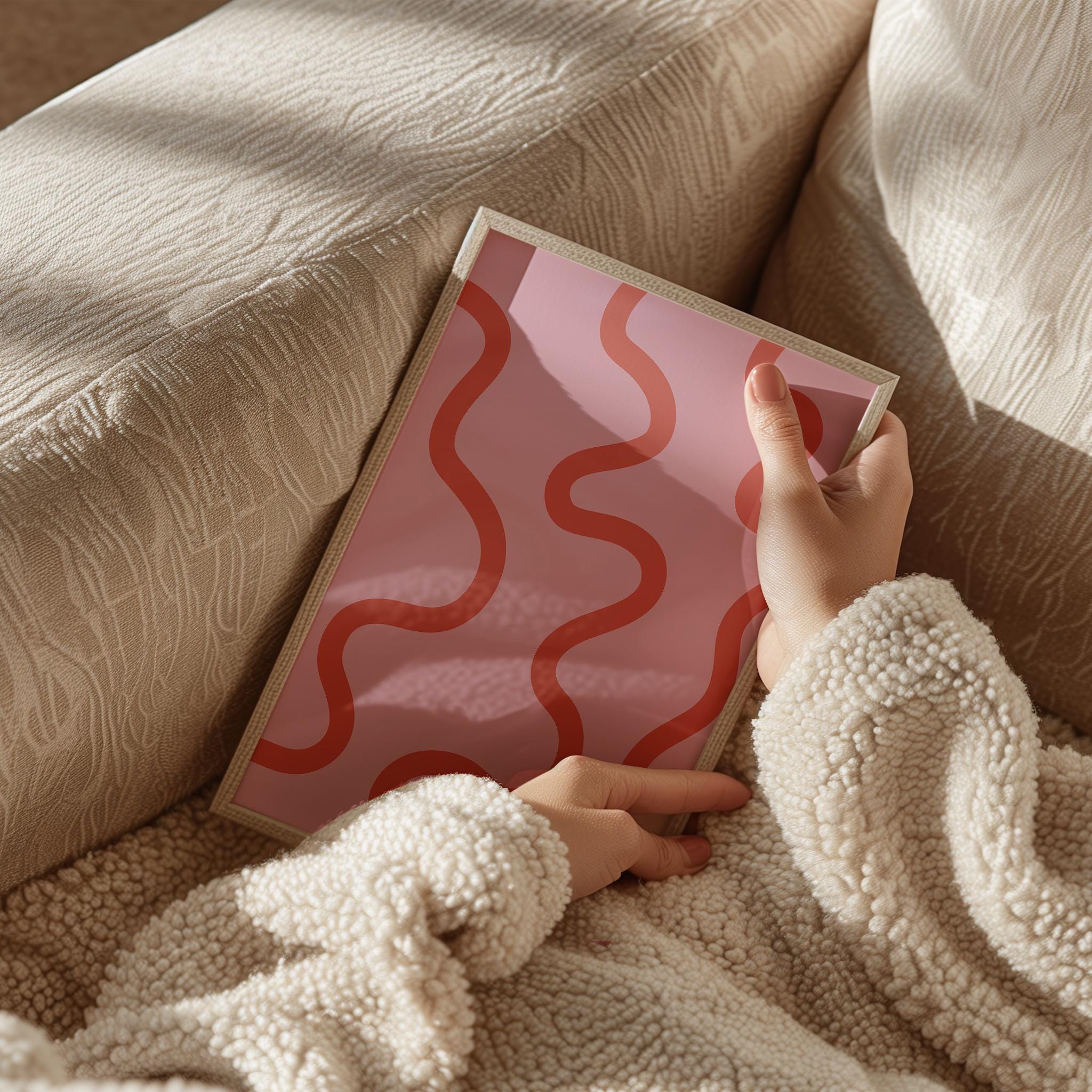 Pink Joyful Wall Art, Red Wavy Lines Preppy Wall Art, Playful Pink ...