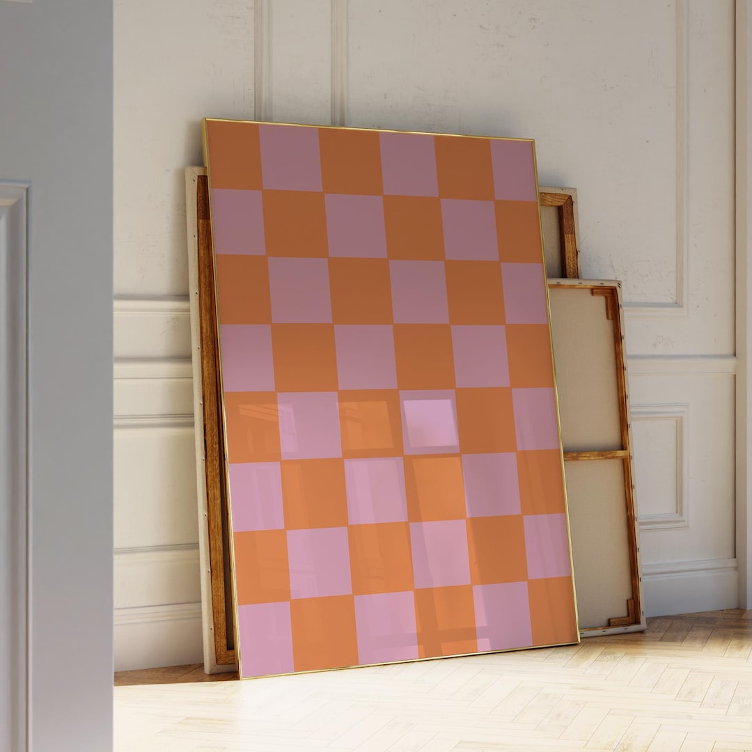Lilac Orange Checkerboard Preppy Wall Art, Purple Checkered Retro ...