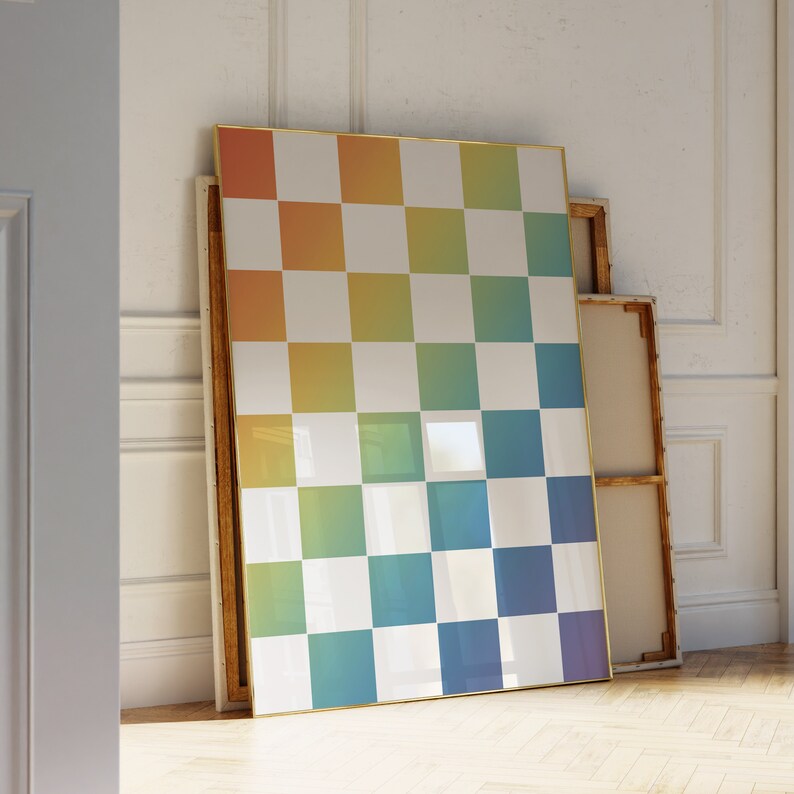 Rainbow Checkerboard Preppy Wall Art, Colorful Ombre Checkered Retro ...