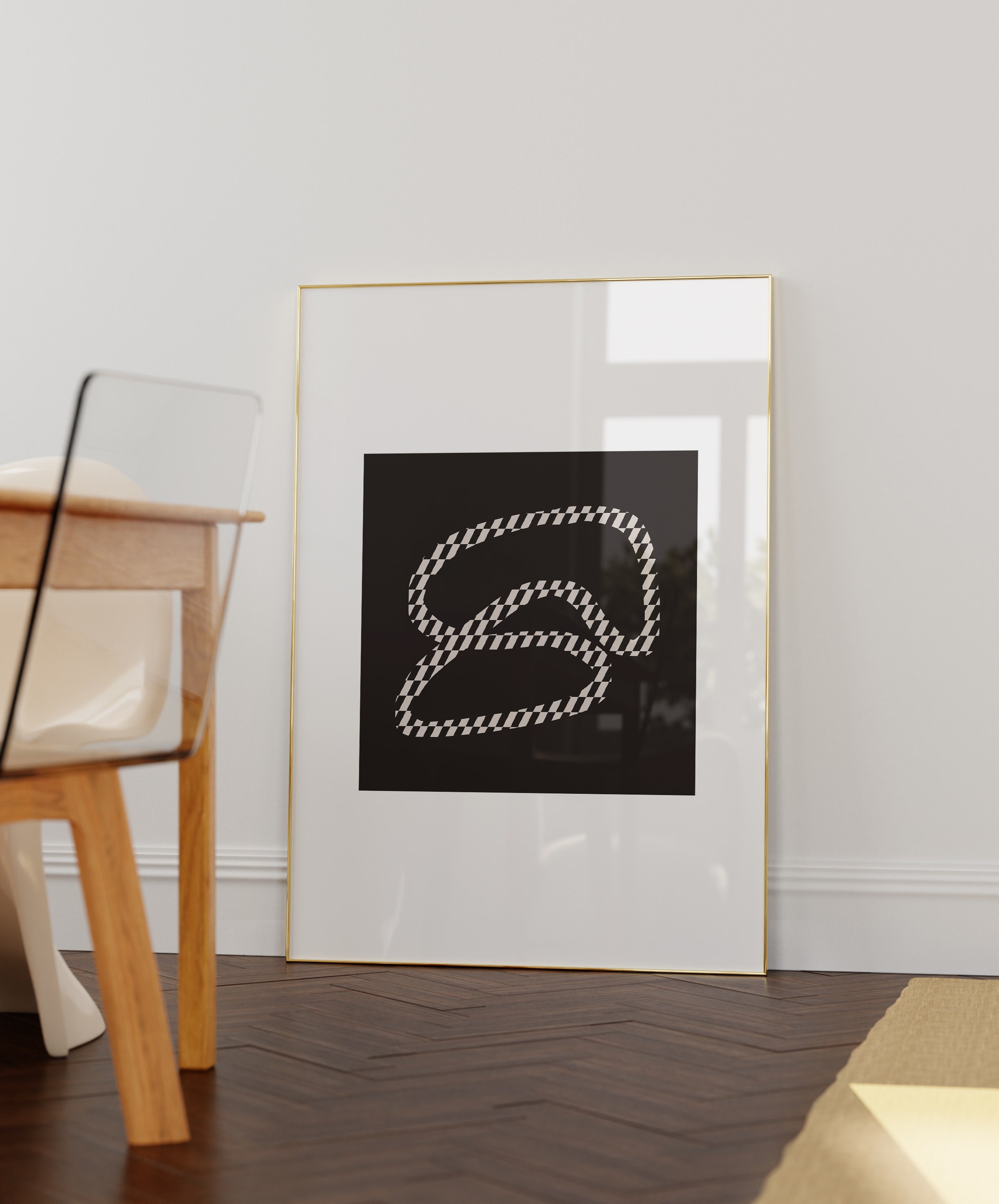 Neutral Checkered Line Art Print, Checked Pattern Black and Beige Wall ...