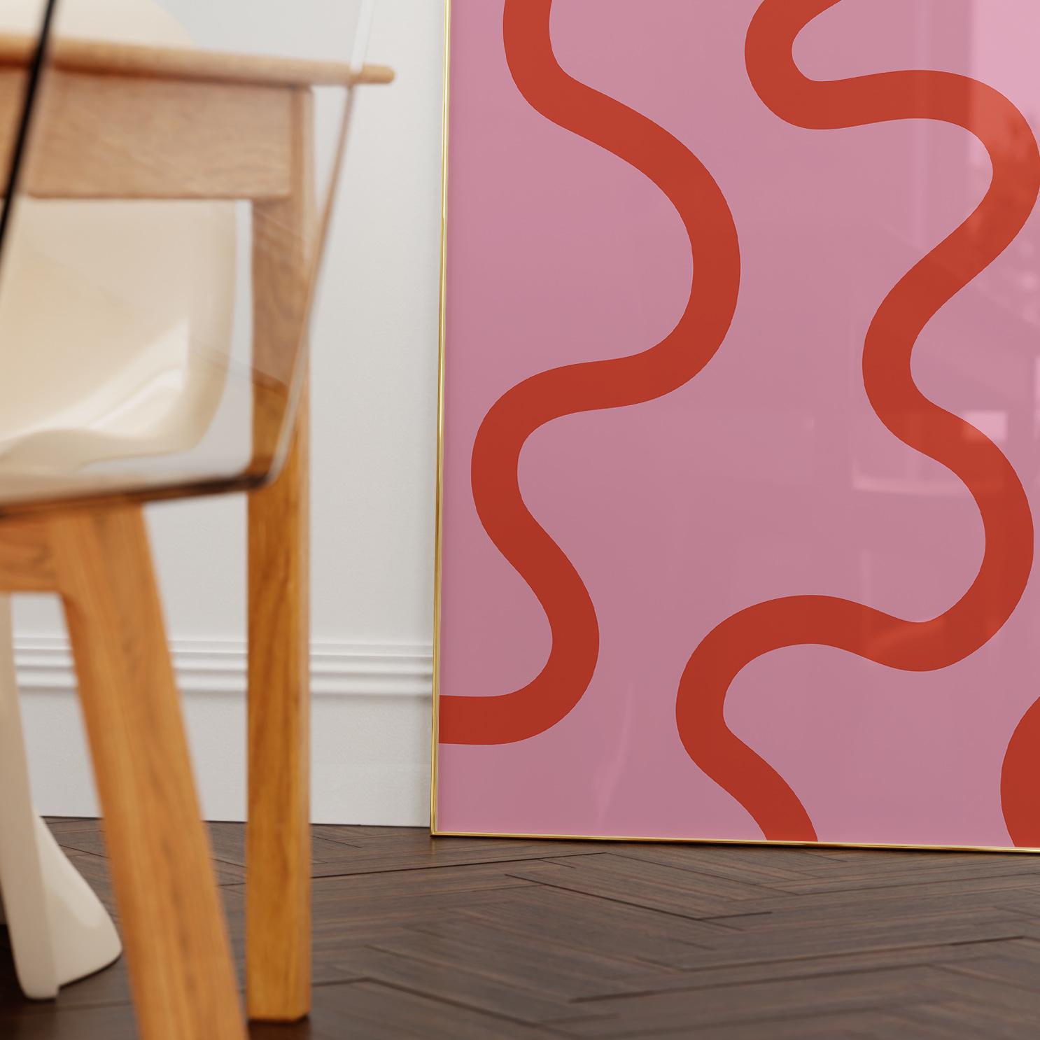 Pink Joyful Wall Art, Red Wavy Lines Preppy Wall Art, Playful Pink ...