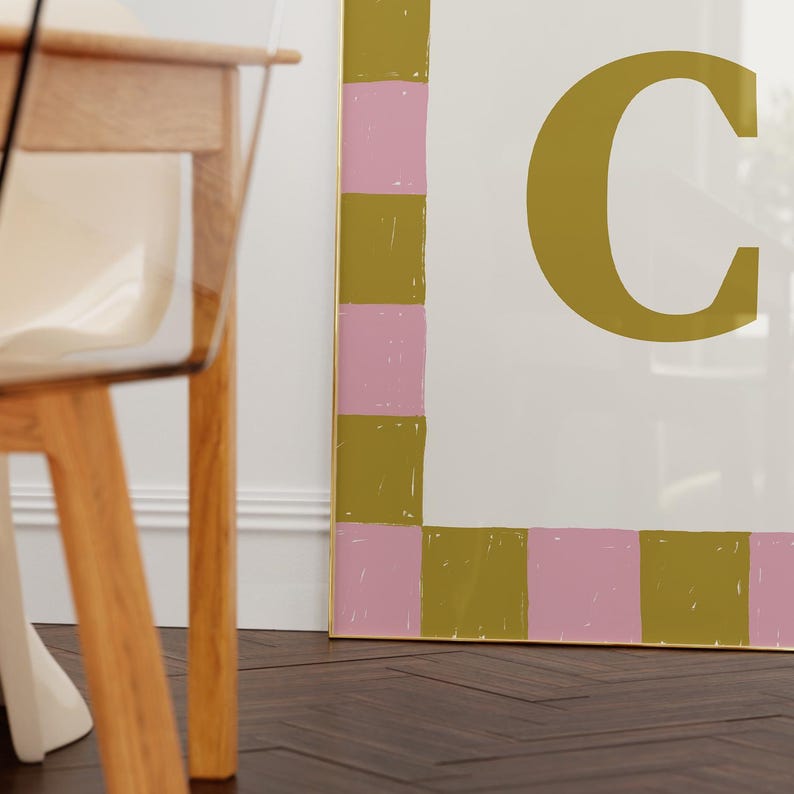 Custom Initial Art Print, Checker Bordered Wall Art, Customizable ...