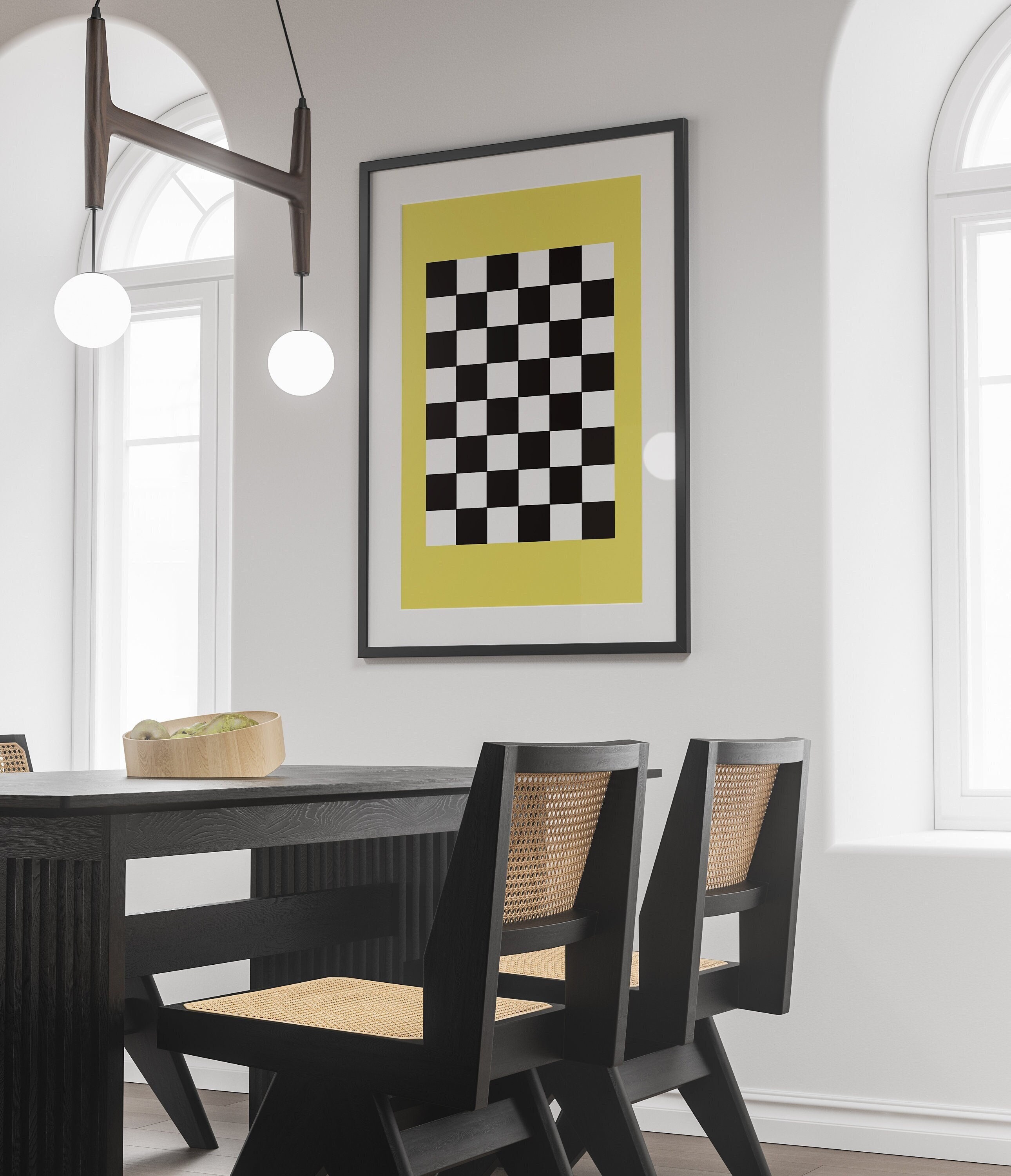 Yellow Retro Checkerboard Printable Wall Art, Black and White Checkered ...