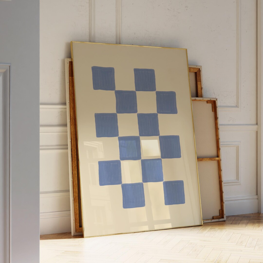 Baby Blue Creamy Handdrawn Checkered Wall Art, Indigo Checker Pattern ...