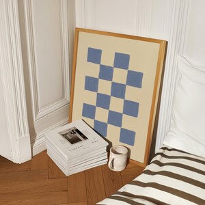 Baby Blue Creamy Handdrawn Checkered Wall Art, Indigo Checker Pattern ...