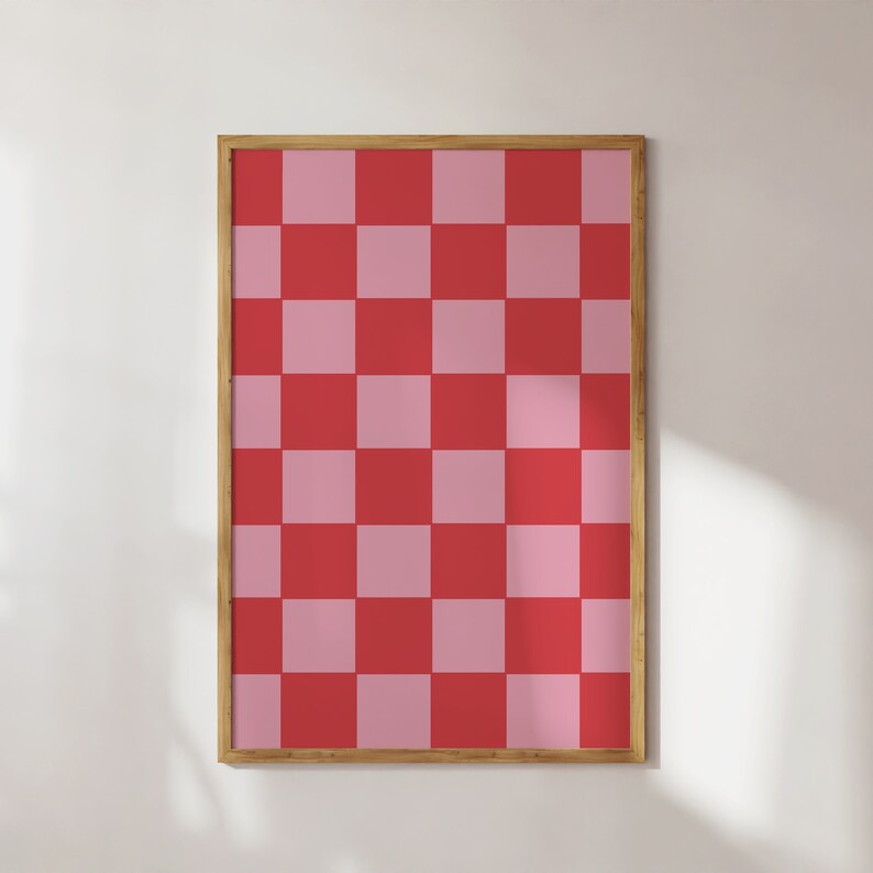 Pink Red Checkerboard Preppy Wall Art, Checkered Retro Pastel Colors ...