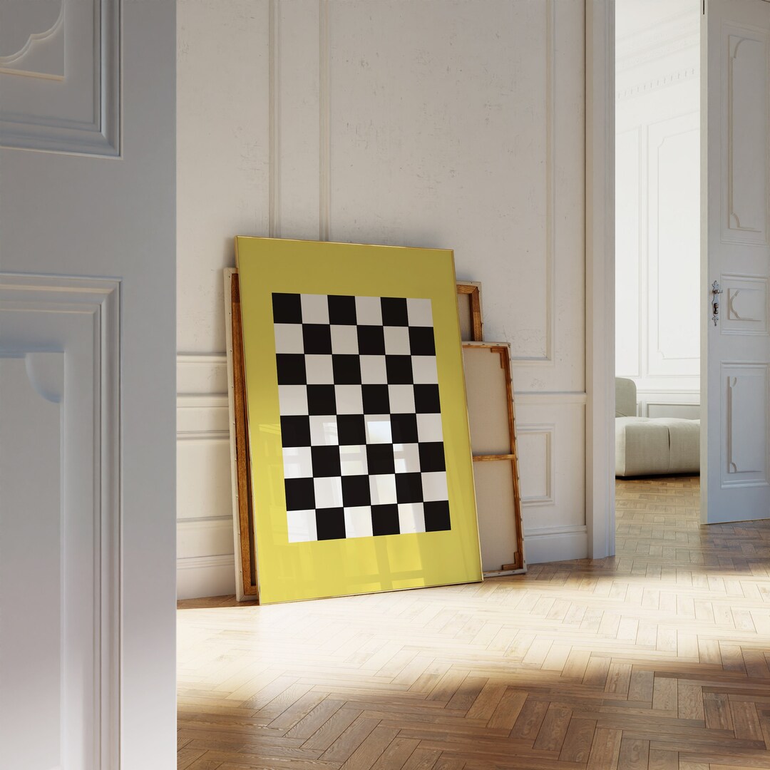 Yellow Retro Checkerboard Printable Wall Art, Black and White Checkered ...