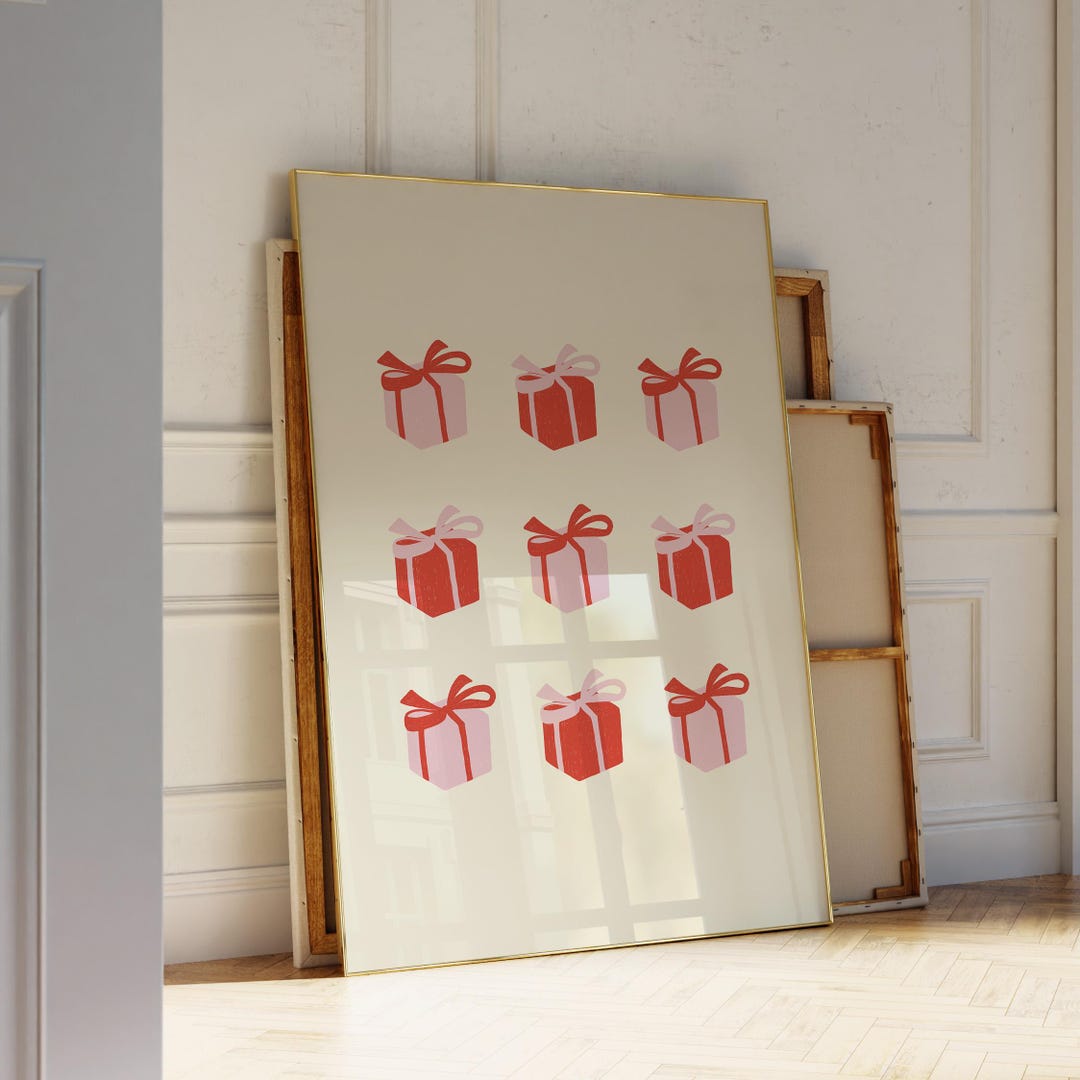 Christmas Gift Box Art Print, Beige Pink Xmas Wall Art, Handdrawn ...