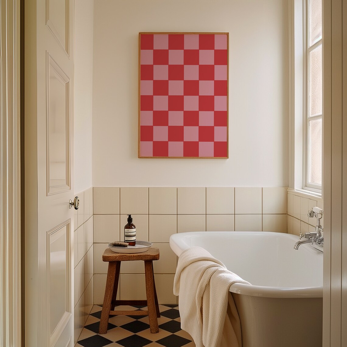 Pink Red Checkerboard Preppy Wall Art, Checkered Retro Pastel Colors ...