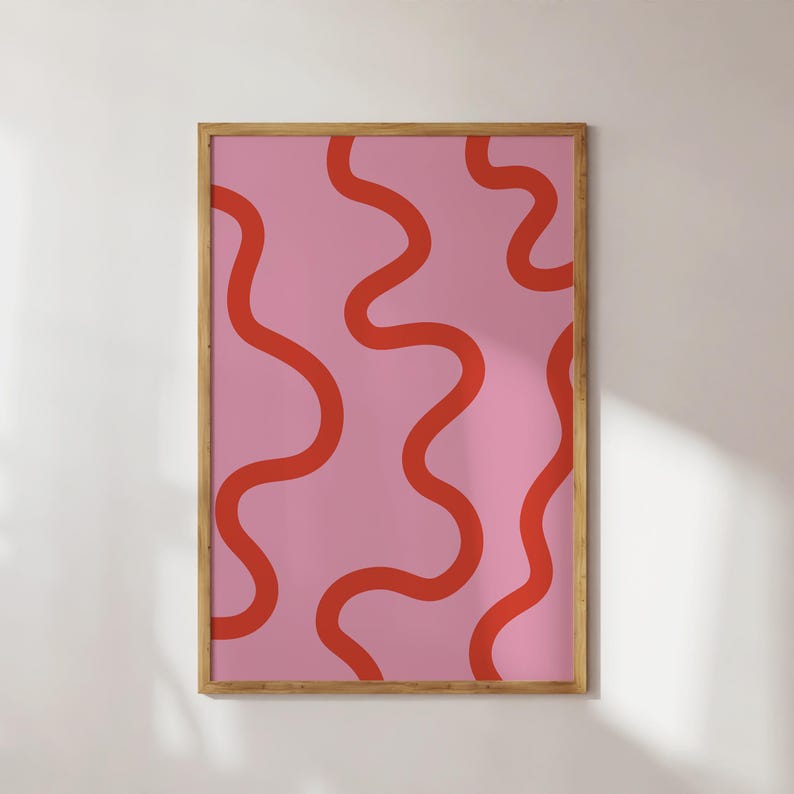 Pink Joyful Wall Art, Red Wavy Lines Preppy Wall Art, Playful Pink ...