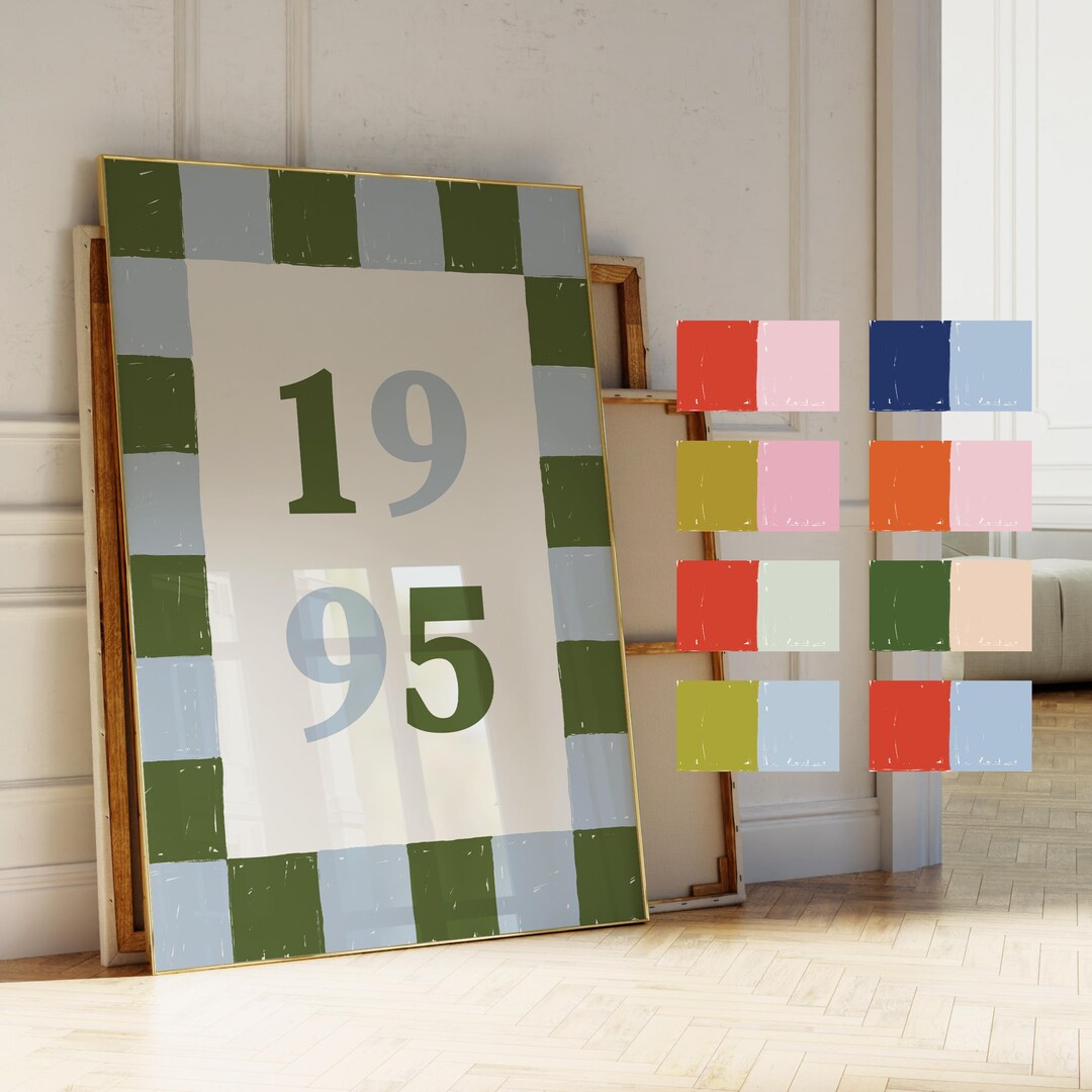 Custom Year Art Print, Checker Bordered Wall Art, Customizable Birth ...