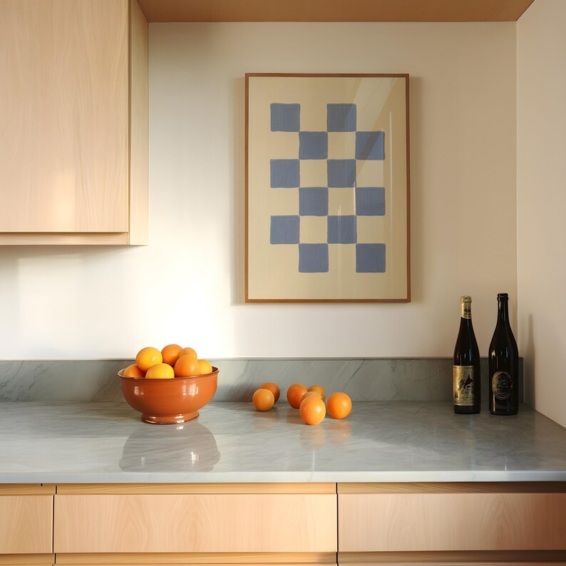 Baby Blue Creamy Handdrawn Checkered Wall Art, Indigo Checker Pattern ...