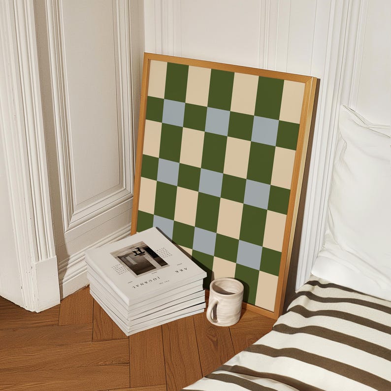 Green Blue Checkered Wall Art, Checked Retro Printable Wall Art, Khaki ...