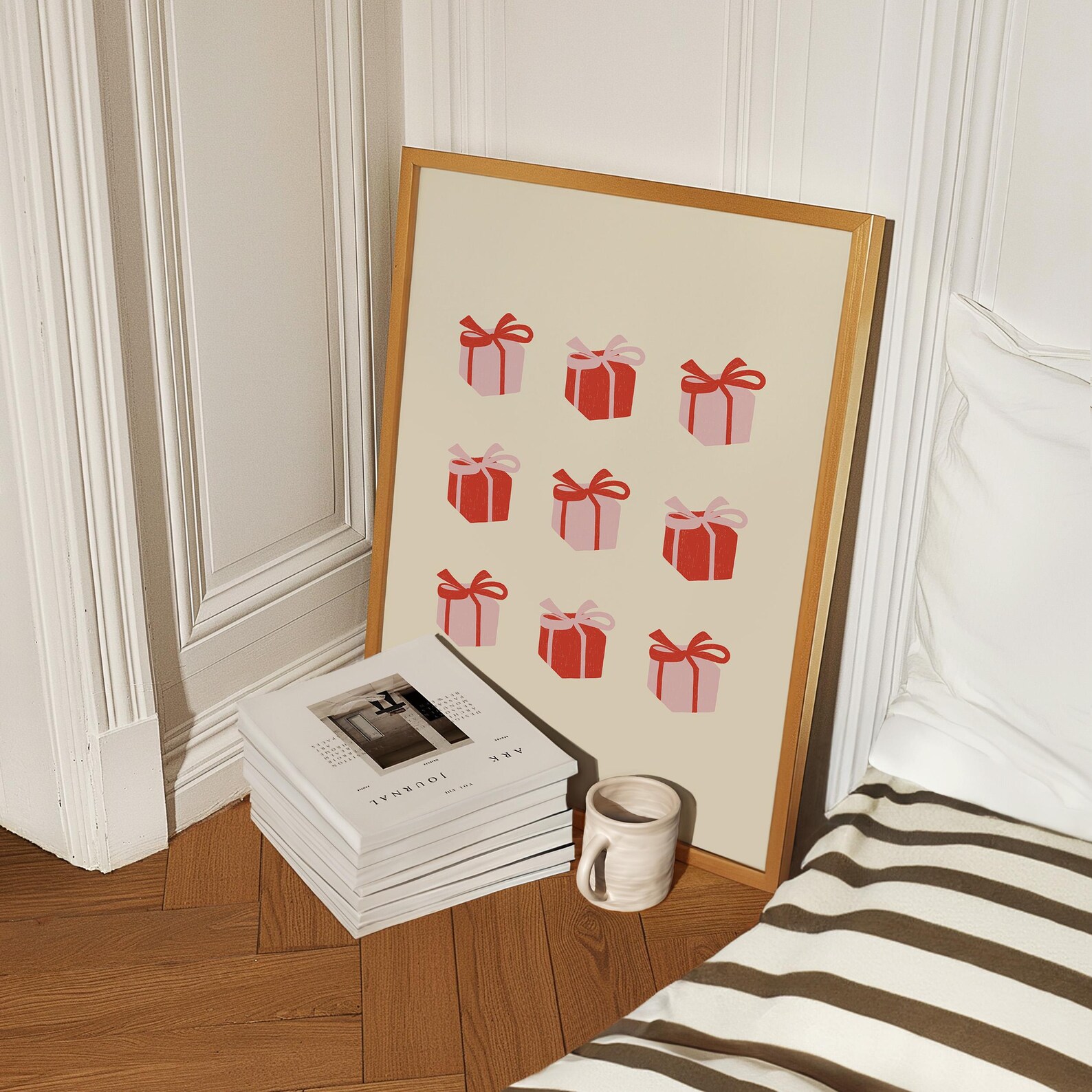 Christmas Gift Box Art Print, Beige Pink Xmas Wall Art, Handdrawn ...