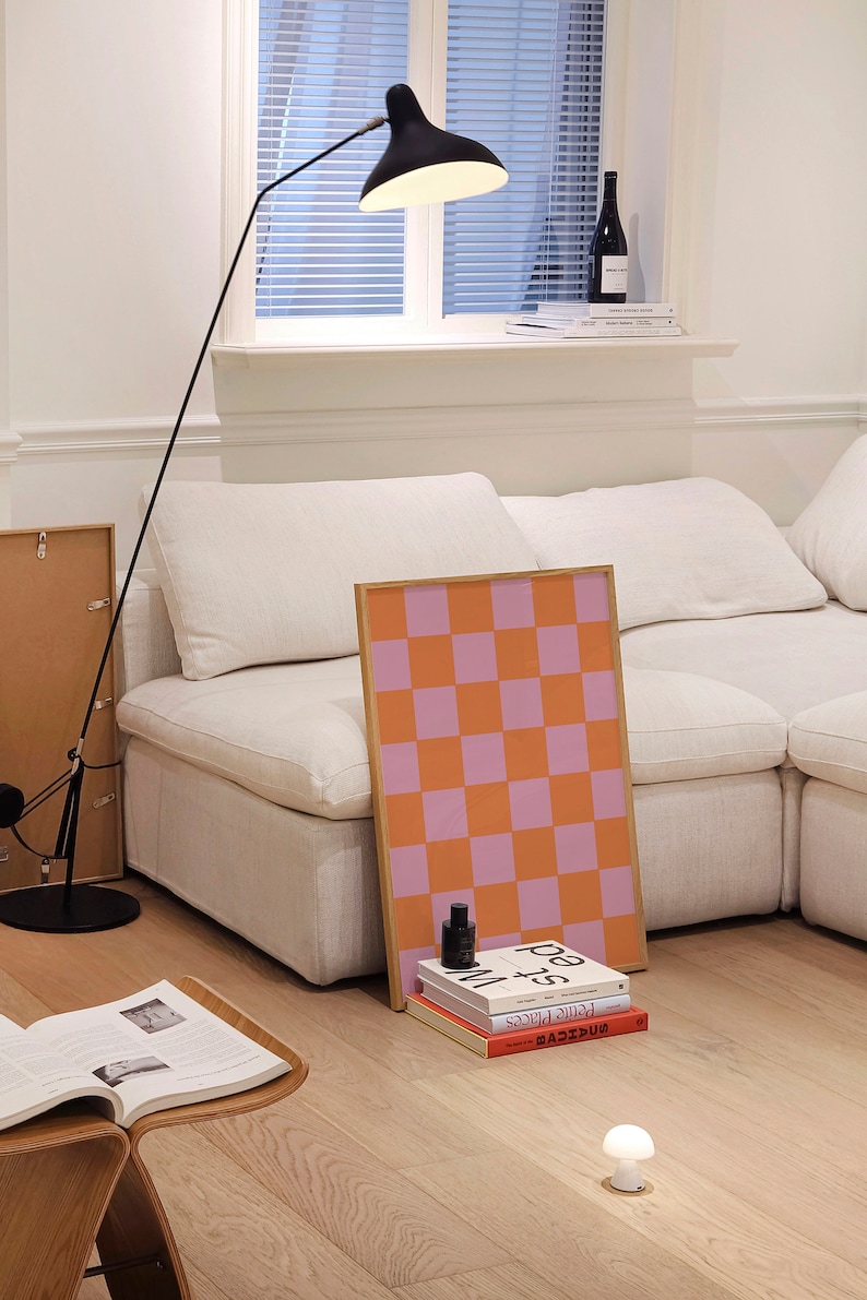 Lilac Orange Checkerboard Preppy Wall Art, Purple Checkered Retro ...