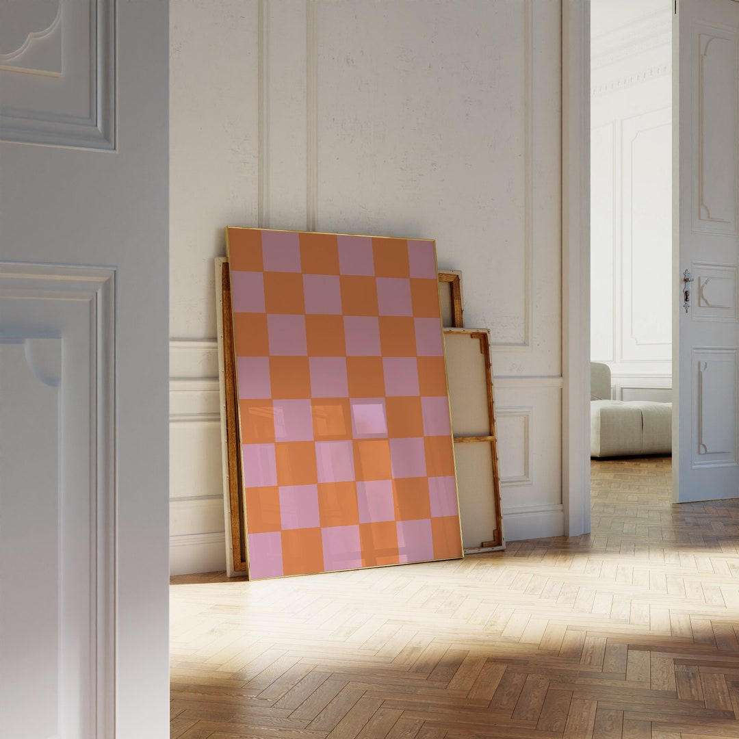 Lilac Orange Checkerboard Preppy Wall Art, Purple Checkered Retro ...
