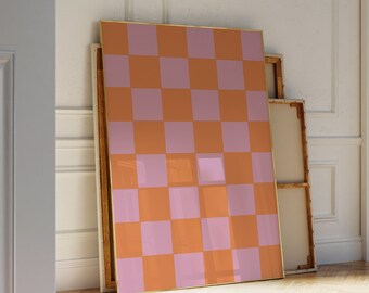 Pink Red Checkerboard Preppy Wall Art, Checkered Retro Pastel Colors ...
