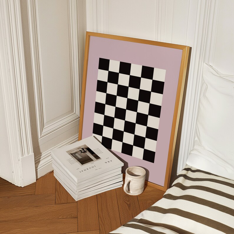 Lilac Retro Checkerboard Printable Wall Art, Black and White Checkered ...