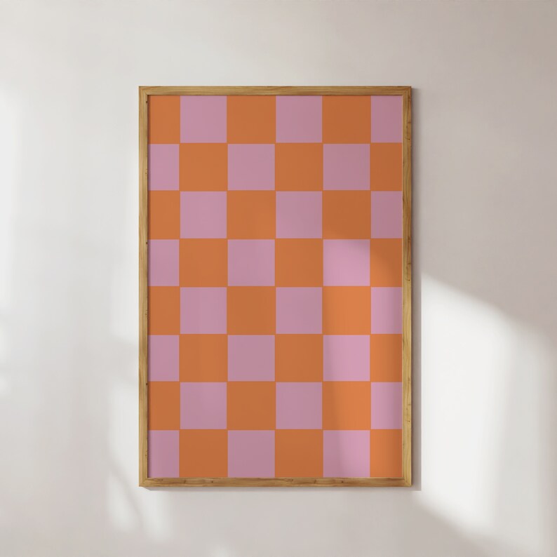 Lilac Orange Checkerboard Preppy Wall Art, Purple Checkered Retro ...