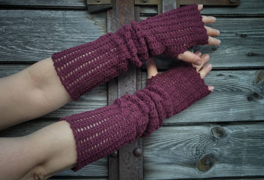 Crocheted Wrist Warmers, Lacy Mittens, Openwork Mittens, Burgundy ...