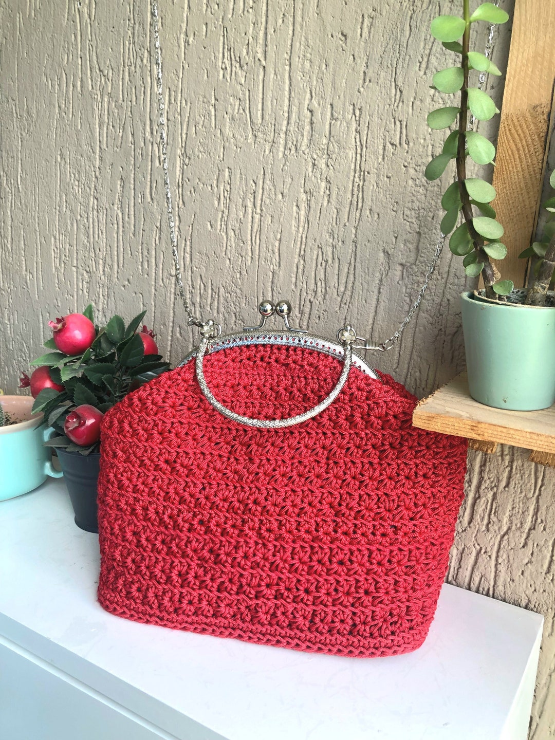 Vintage Kiss Clasp Frame Bag With Macrame Rope, Crochet Bag Pattern ...