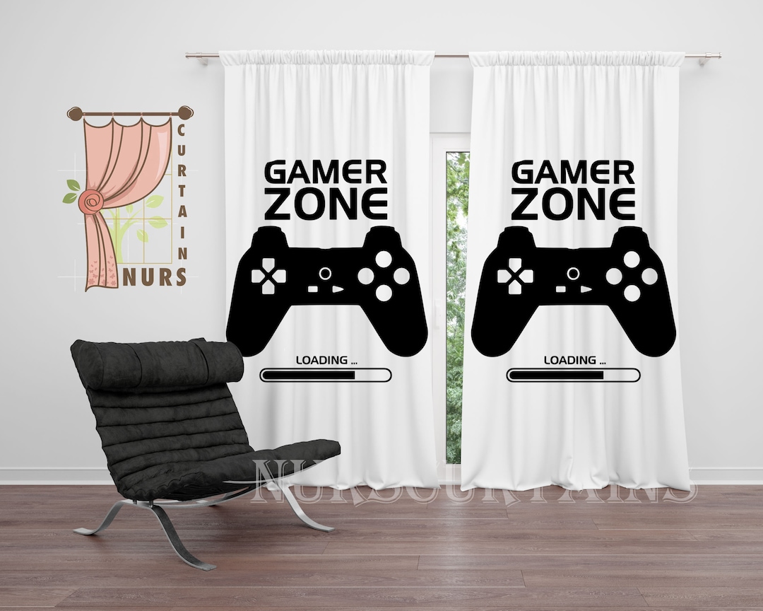 Video Game Controller Pattern Curtain, Black and White Gaming Curtain ...