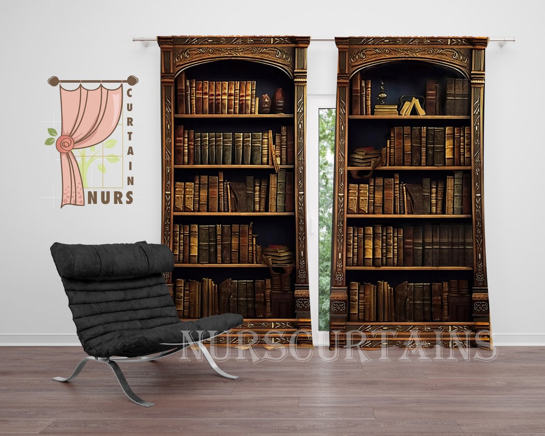 Retro Style Library Curtain, Study Room Decor, Book Themed Curtain ...