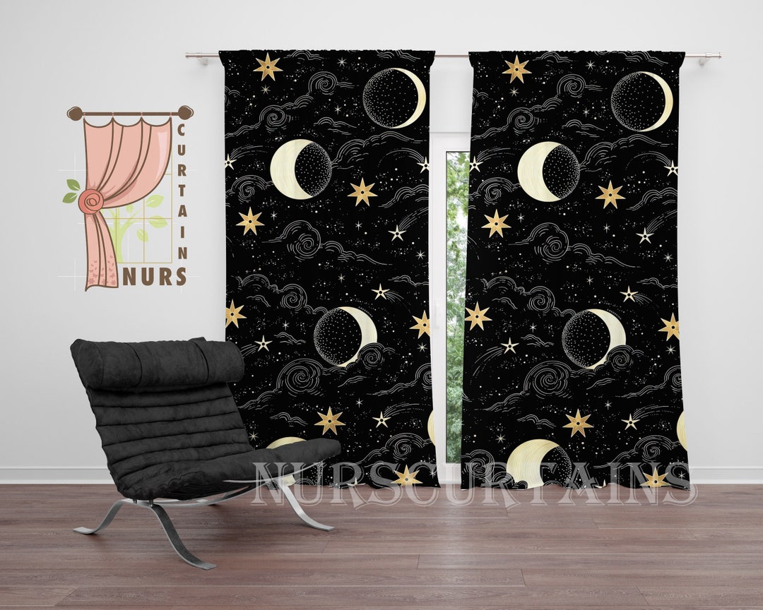 Retro Style Moon Curtain, Space Stars Pattern Curtain, Children Room ...