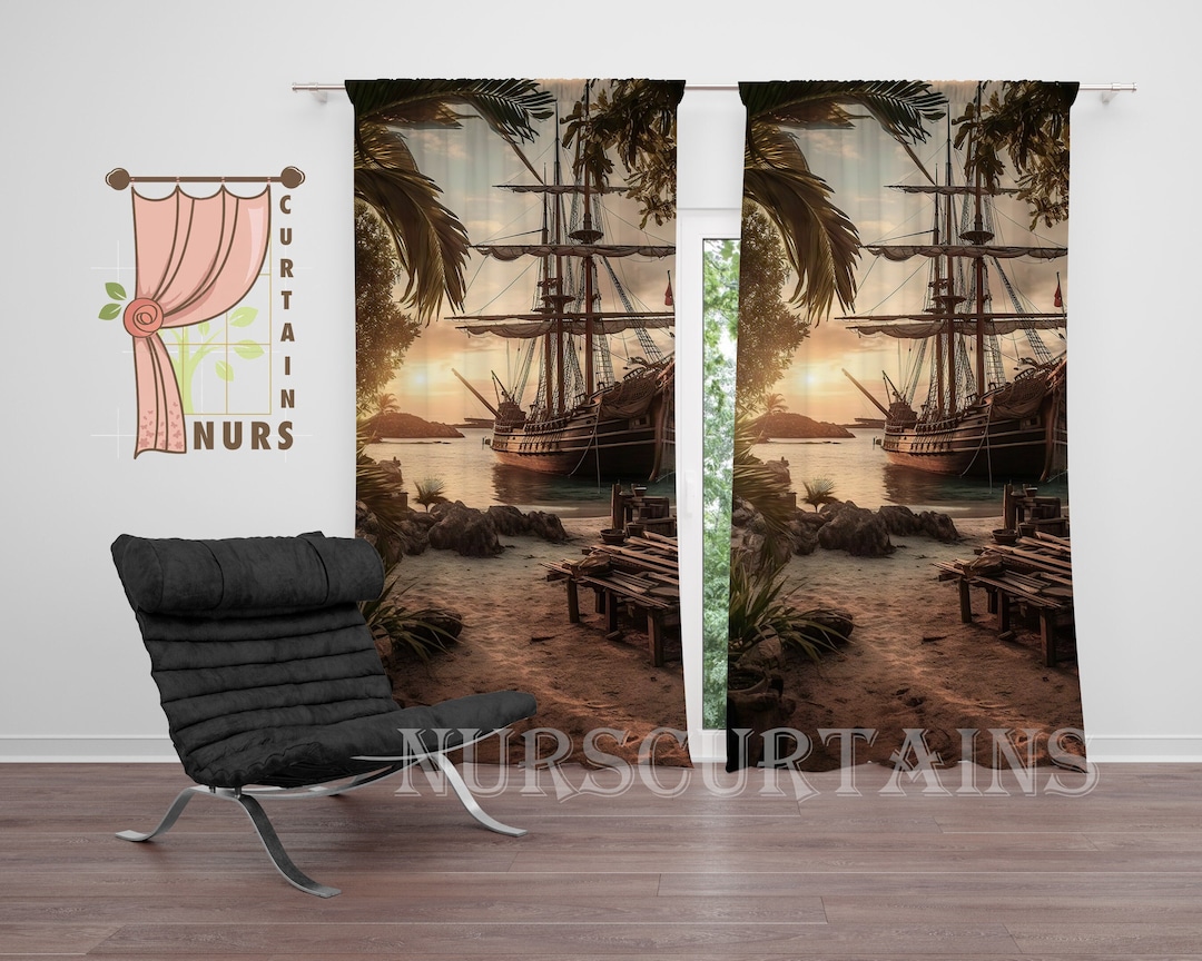 Retro Style Pirate Ship Curtain, Tropical Themed Summer House Curtain ...