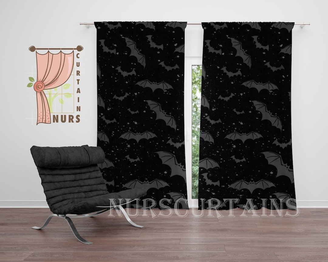 Black Color Bat Themed Curtain, Gothic Room Curtain, Blackout Curtain ...