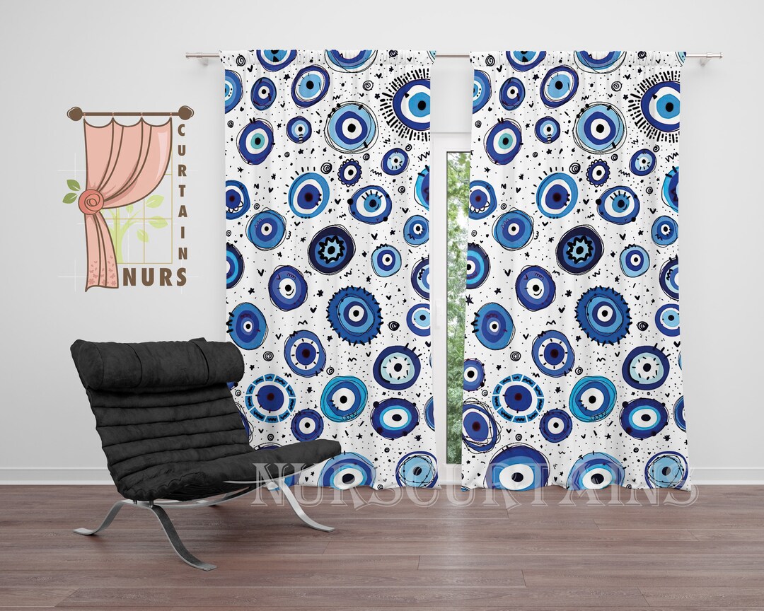 Blue Evil Eye Curtain, Modern Living Room Curtain, Bedroom Decor ...