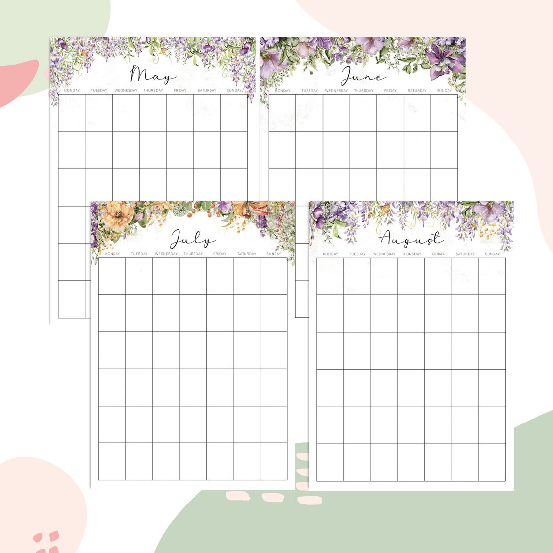 Floral Printable Blank Monthly Calendar 2023, Romantic Monthly Planner ...