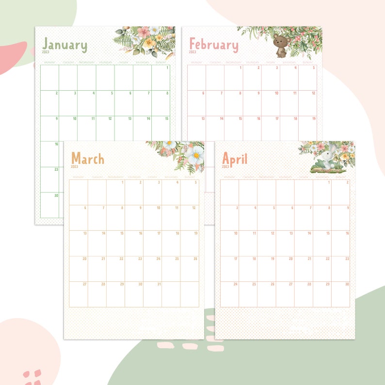 Printable Calendar 2023, Woodland Animals and Flowers Calendar, Floral ...