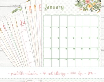 Floral Printable Blank Monthly Calendar 2023, Romantic Monthly Planner ...