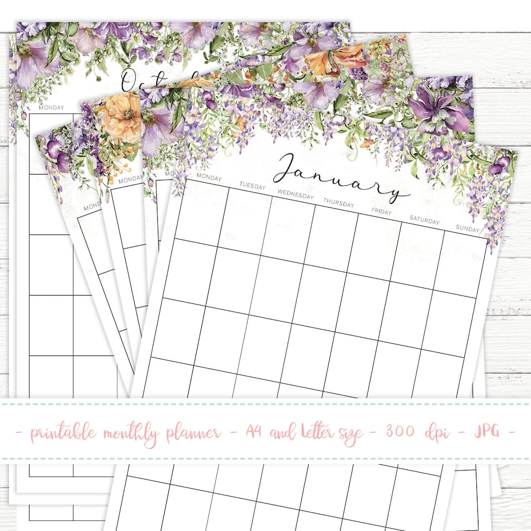 Floral Printable Blank Monthly Calendar 2023, Romantic Monthly Planner ...