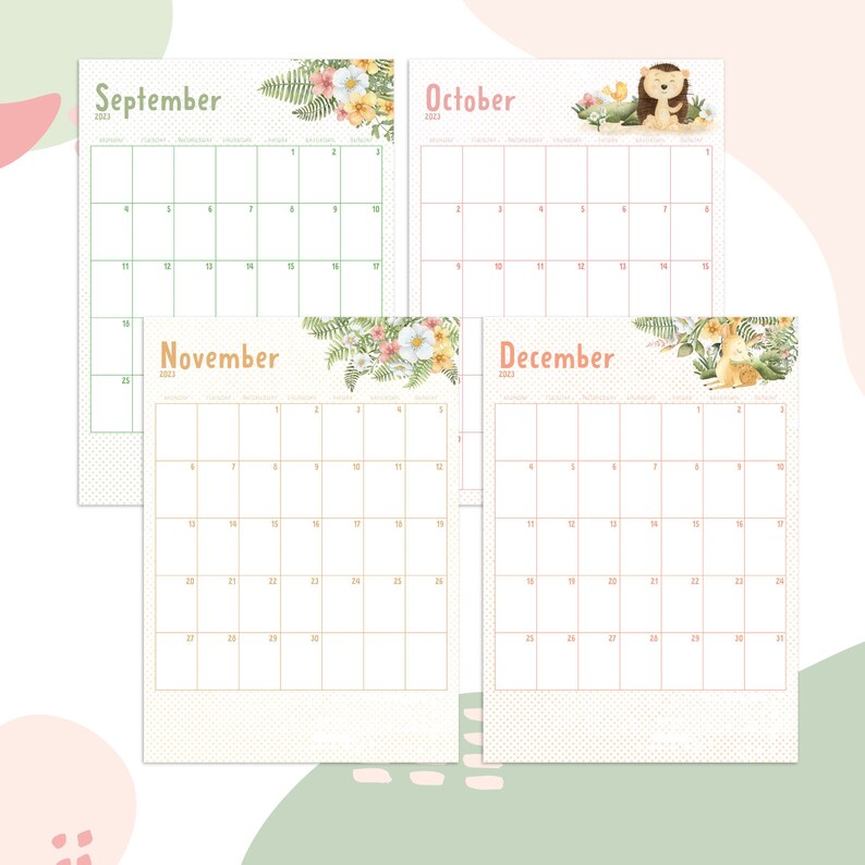 Printable Calendar 2023, Woodland Animals and Flowers Calendar, Floral ...