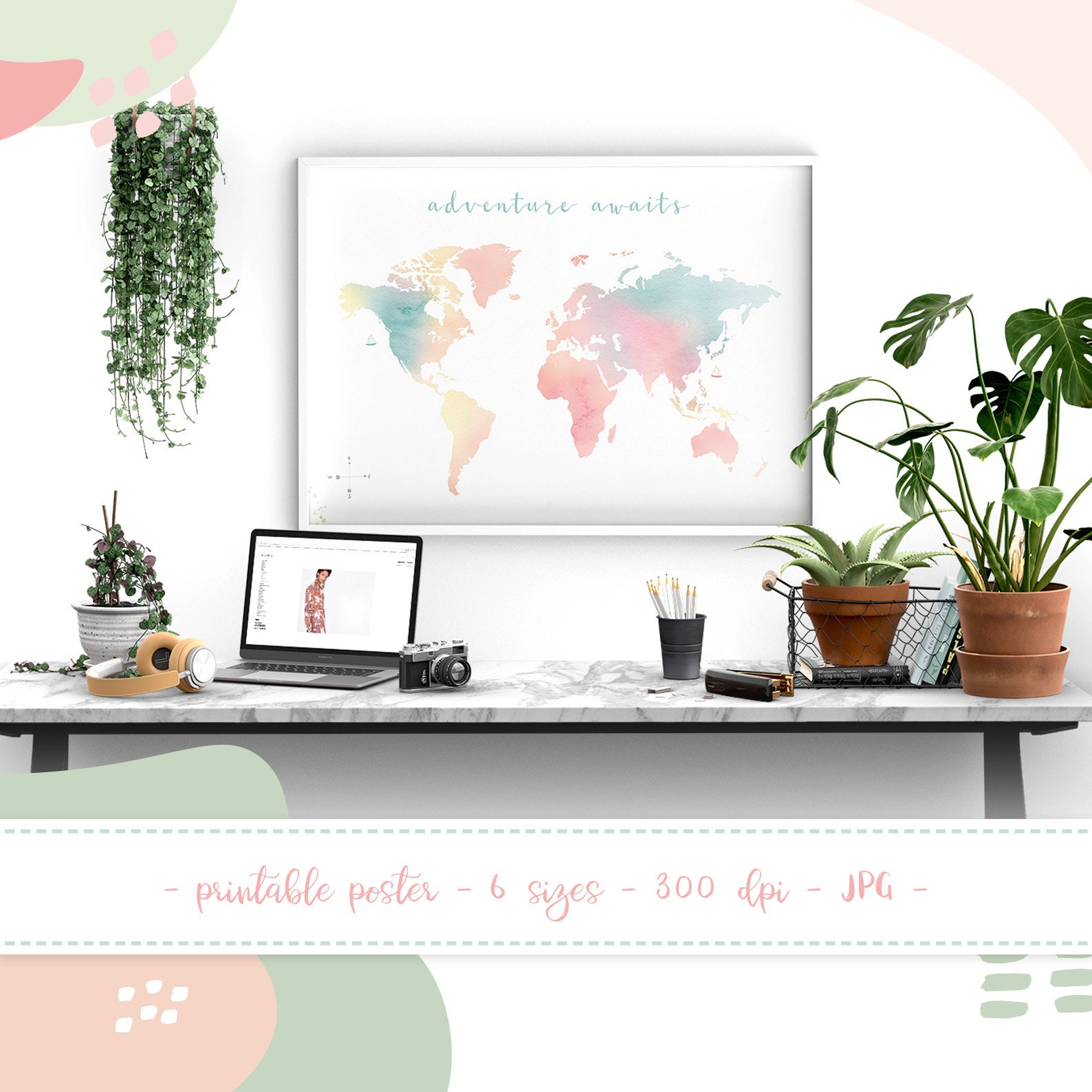 World Map Printable Poster, Pastel Map of World Wall Art, Pink World ...