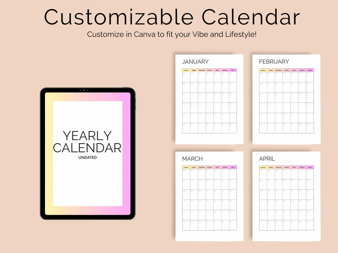Customizable Yearly Calendar Template - Etsy