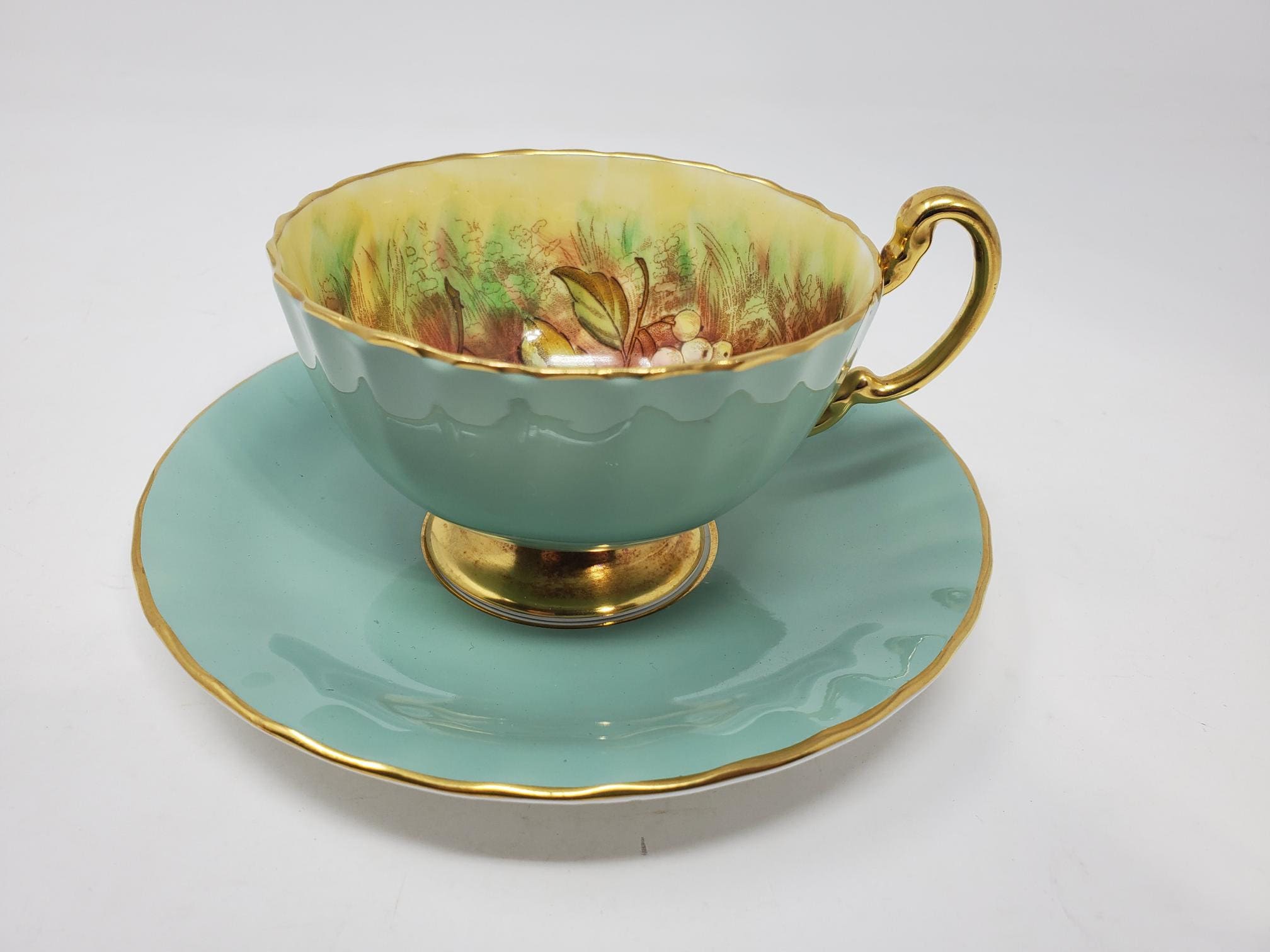 Rare Vintage Aynsley England Bone China Signed D Jones Light Green ...