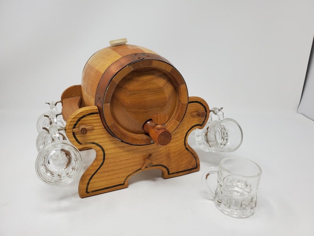 Vintage Mini Wooden Liquor Barrel With Miniature Federal Glass Steins ...