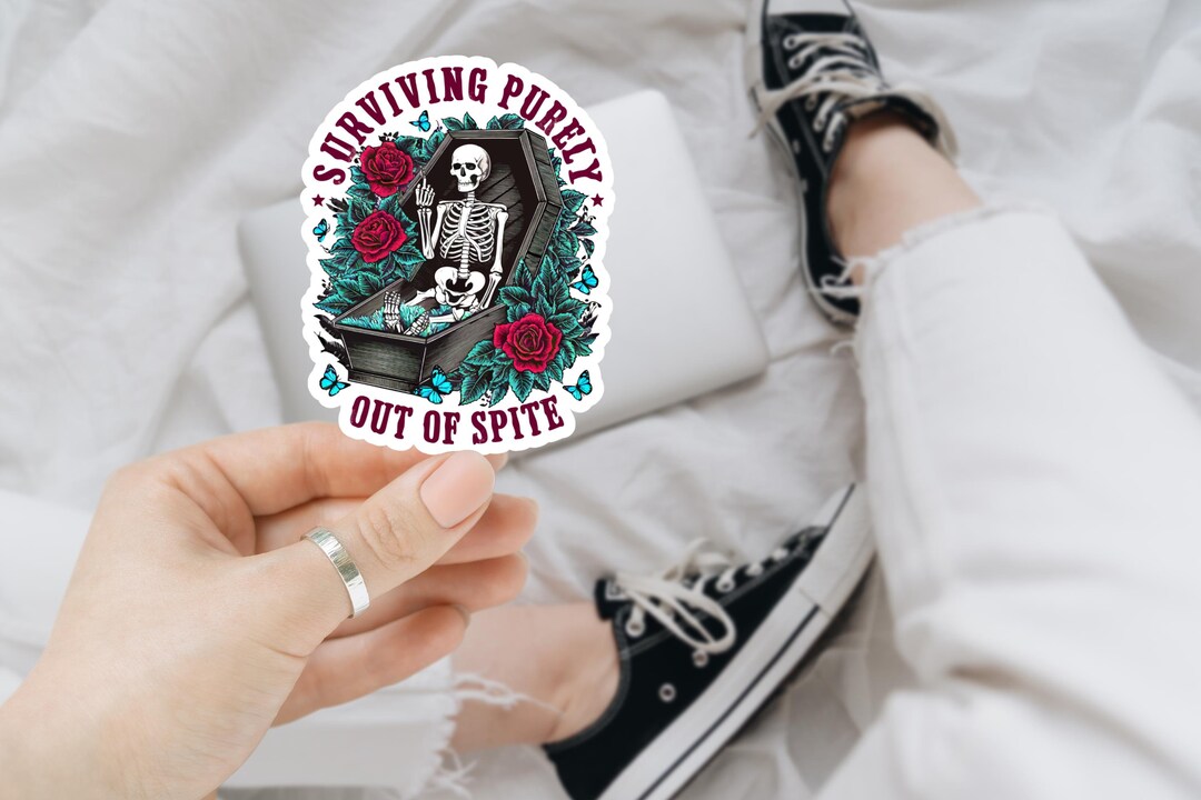 Surviving Purely Out of Spite, Funny Skeleton, Sticker for Laptop ...