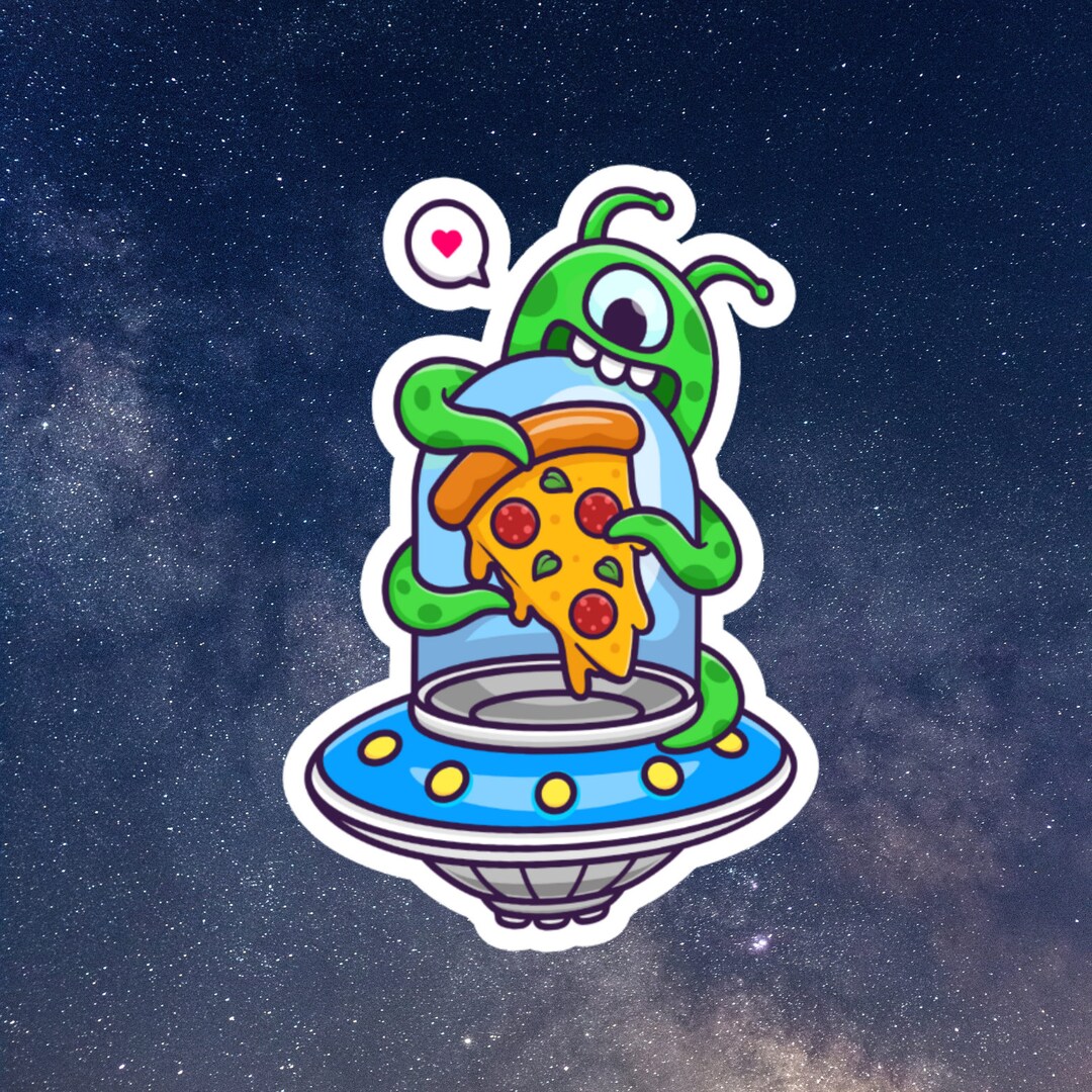 Alien Eating Pizza Sticker, Water Bottle Sticker, Alien Stickers ...