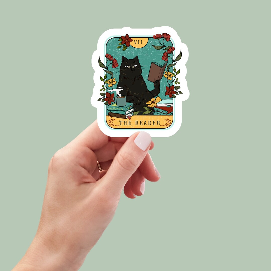 The Reader Cat Tarot Sticker, Book Laptop Decals, Water Bottle Stickers ...
