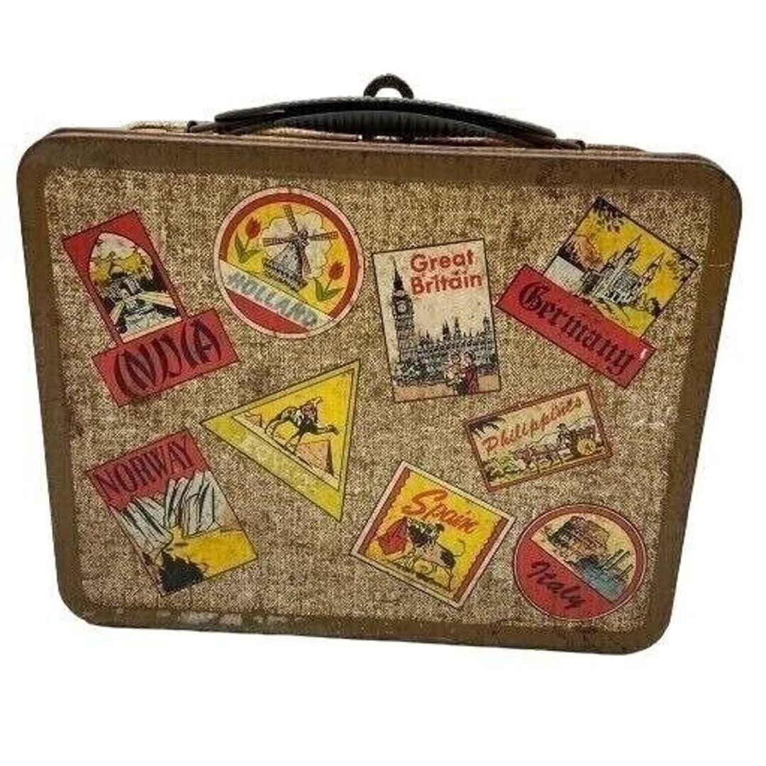 Vintage Ohio Art Metal Lunch Box Atco World Traveler Travel Trunk ...