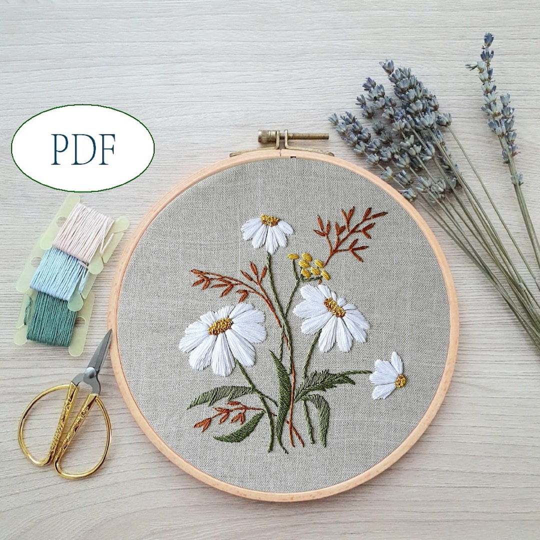 Daisy Pdf Hand Embroidery Beginner Botanical Pattern DIY, Camomile ...