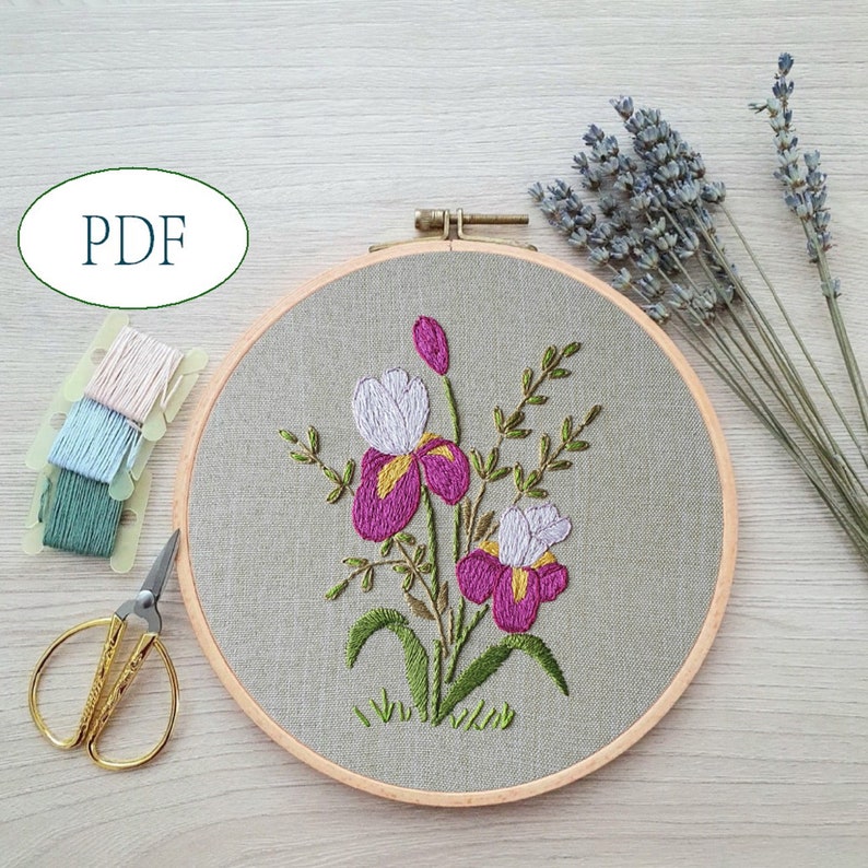 Irises Hand Embroidery, Spring Flowers Pattern DIY, Botanical ...