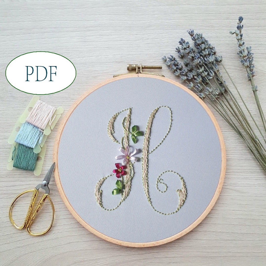 Letter H Pdf Hand Embroidery Beginner Monogram Pattern DIY Ribbon ...