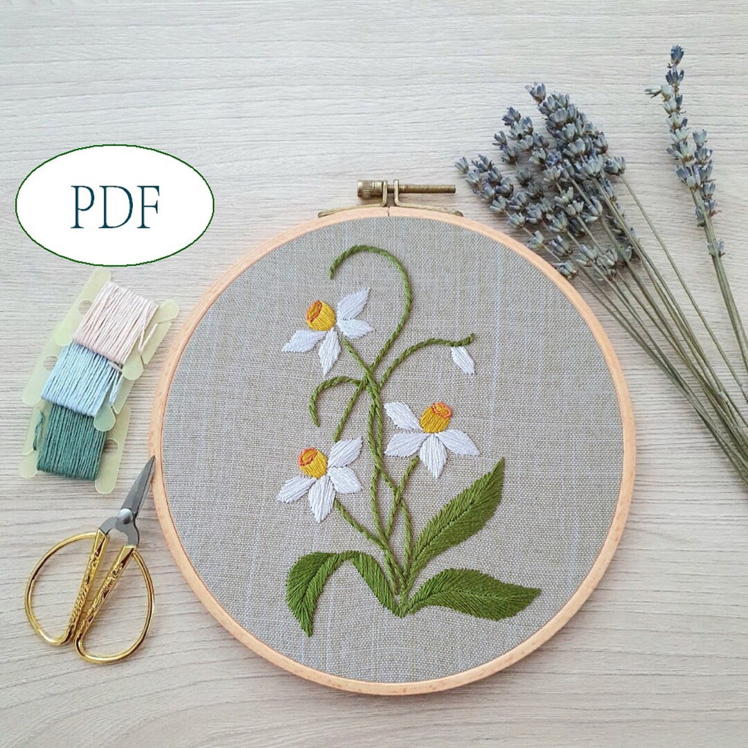 Daffodils Hand Embroidery, Spring Flowers Pattern DIY, Botanical ...